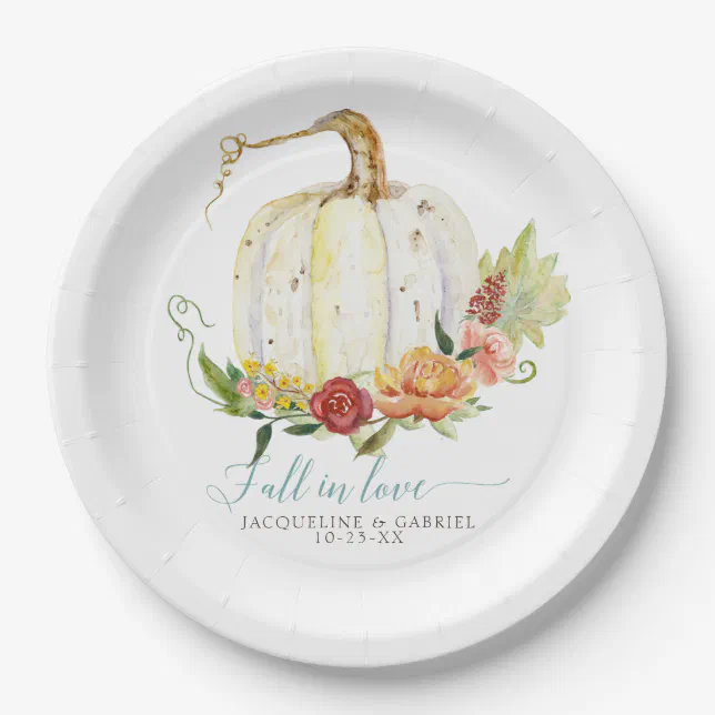 Fall Autumn Wedding White Pumpkin Red Floral Paper Plates | Zazzle
