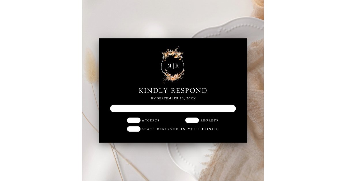 Fall Autumn Wildflower Crest Black Wedding RSVP Card | Zazzle