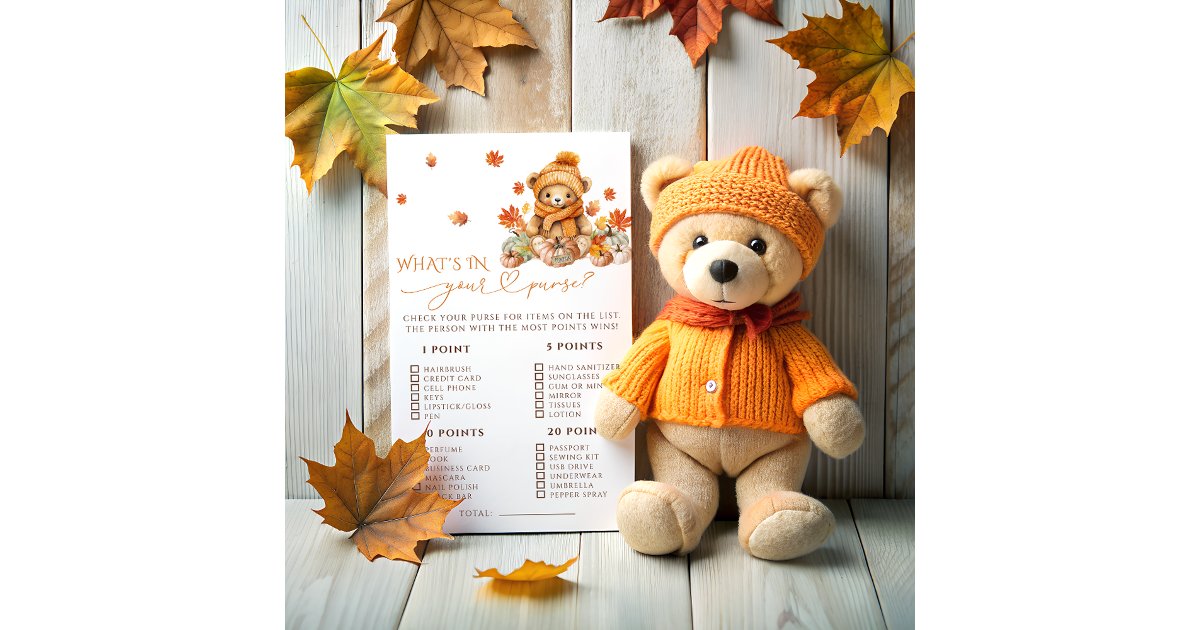 Fall Bear Whats in Your Purse Baby Shower Game | Zazzle