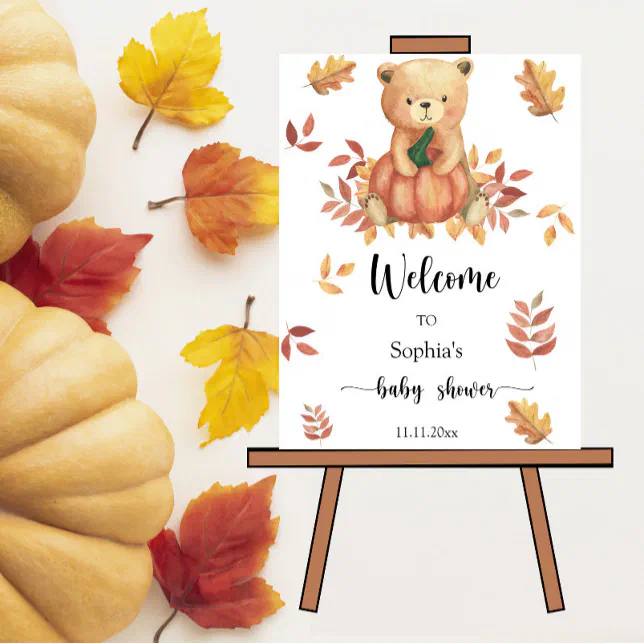 Fall Bear with Pumpkin - Welcome baby shower Foam Board | Zazzle