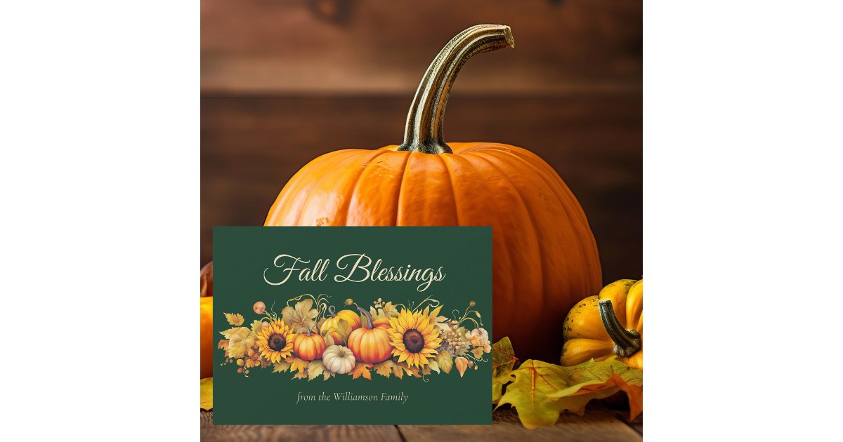 Fall Blessings Pumpkins Custom Green Thanksgiving Holiday Card | Zazzle