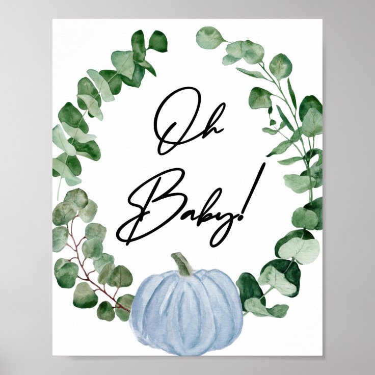 Fall Blue Pumpkin Boy Baby Shower Oh Baby Poster | Zazzle