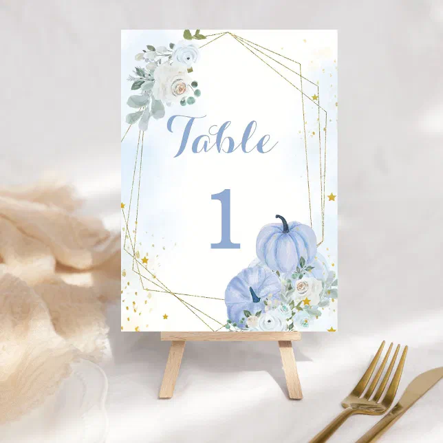 Fall Blue Pumpkin Boy Baby Shower Party Table Number | Zazzle