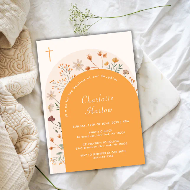Fall Boho Floral Wildflower Arch Cross Baptism Invitation | Zazzle