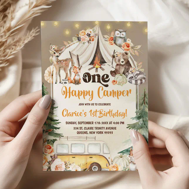 Fall Boho Woodland Forest Happy Camper Birthday Invitation | Zazzle