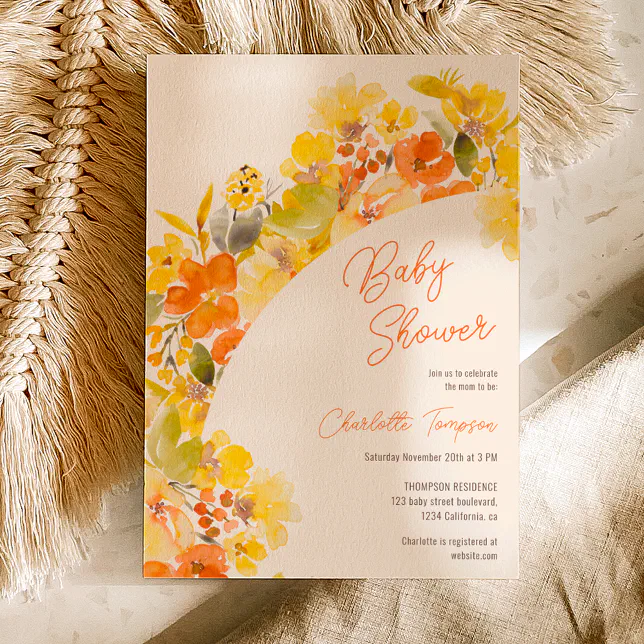 Fall boho yellow flowers script baby shower invitation | Zazzle