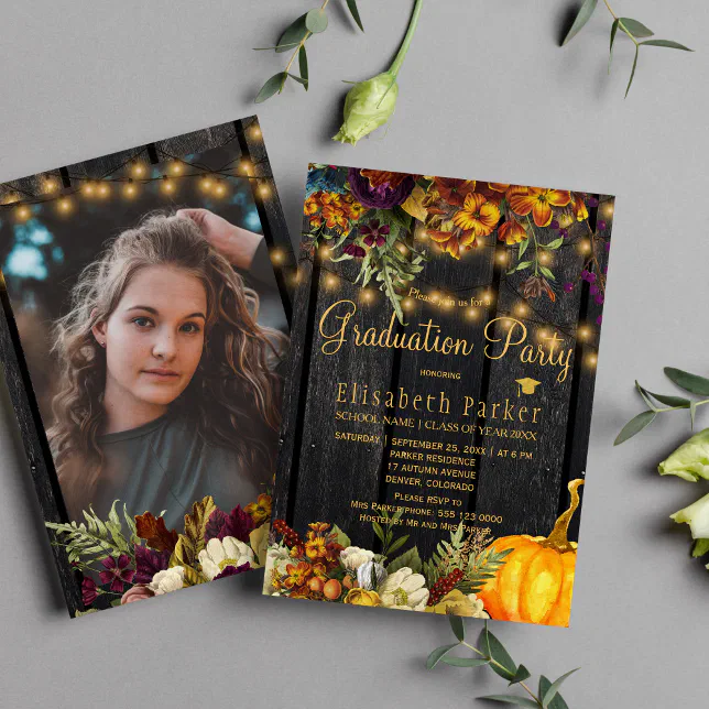 Fall brown barn wood floral PHOTO graduation party Invitation | Zazzle