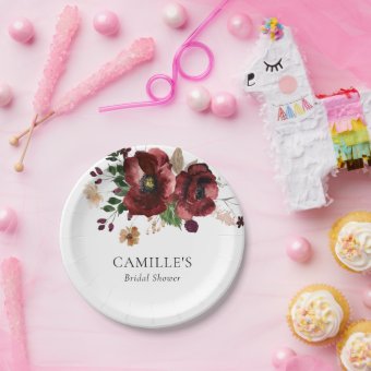 Fall Burgundy Floral Bridal Shower Party Paper Plates | Zazzle