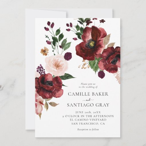 Fall Burgundy Floral Photo Wedding Invitation | Zazzle