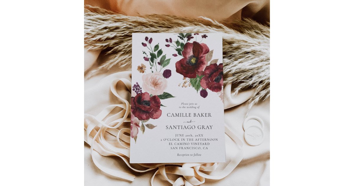 Fall Burgundy Floral Photo Wedding Invitation | Zazzle