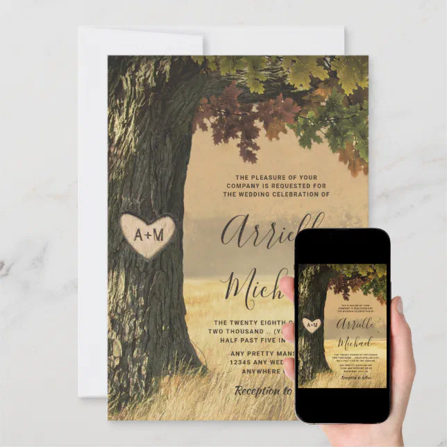 Fall Carved Oak Tree Country Rustic Forest Wedding Invitation | Zazzle
