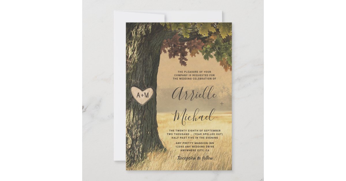 Fall Carved Oak Tree Country Rustic Forest Wedding Invitation | Zazzle