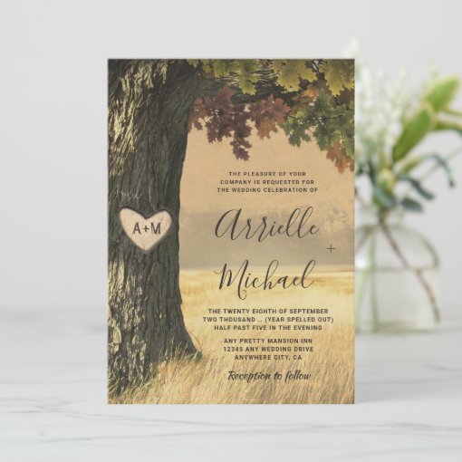 Fall Carved Oak Tree Country Rustic Forest Wedding Invitation | Zazzle