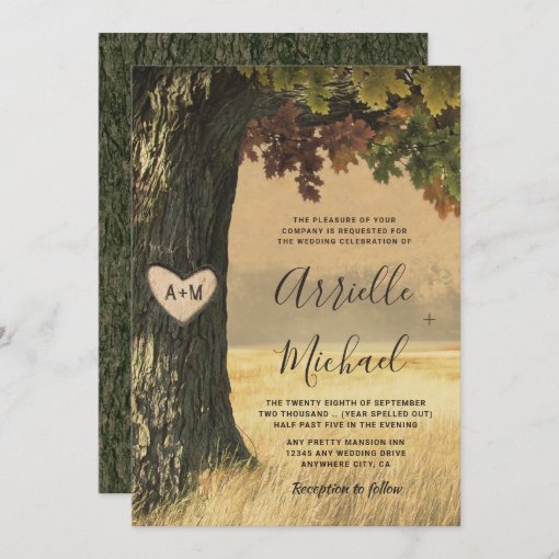 Fall Carved Oak Tree Country Rustic Forest Wedding Invitation | Zazzle