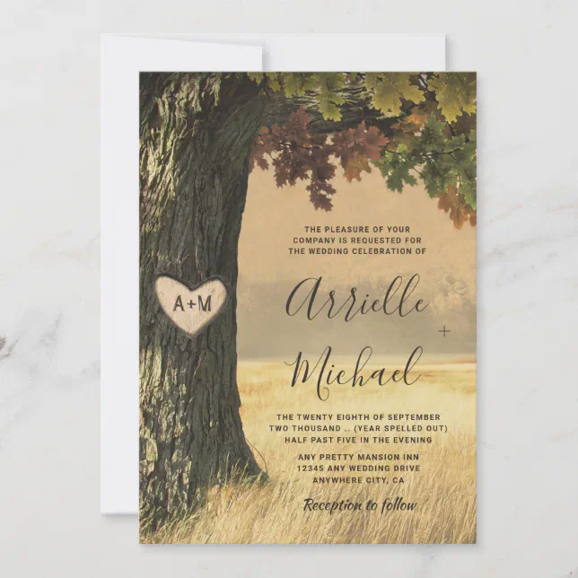Fall Carved Oak Tree Country Rustic Forest Wedding Invitation | Zazzle