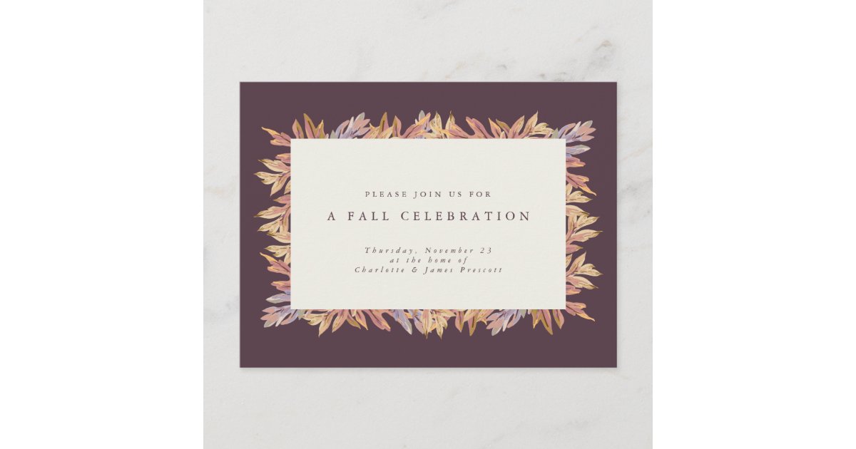 Fall celebration autumn leaves simple plum invitation postcard | Zazzle