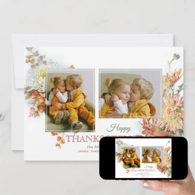 Fall Colors Floral Thanksgiving 2-Photo Holiday Card | Zazzle