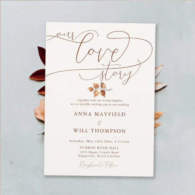 Fall Elegant Calligraphy Our Love Story Wedding Invitation | Zazzle