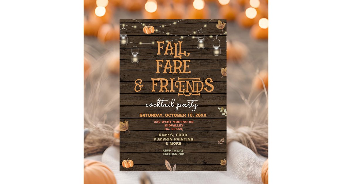 Fall, Fare & Friends Rustic Wood Cocktail Party Invitation | Zazzle