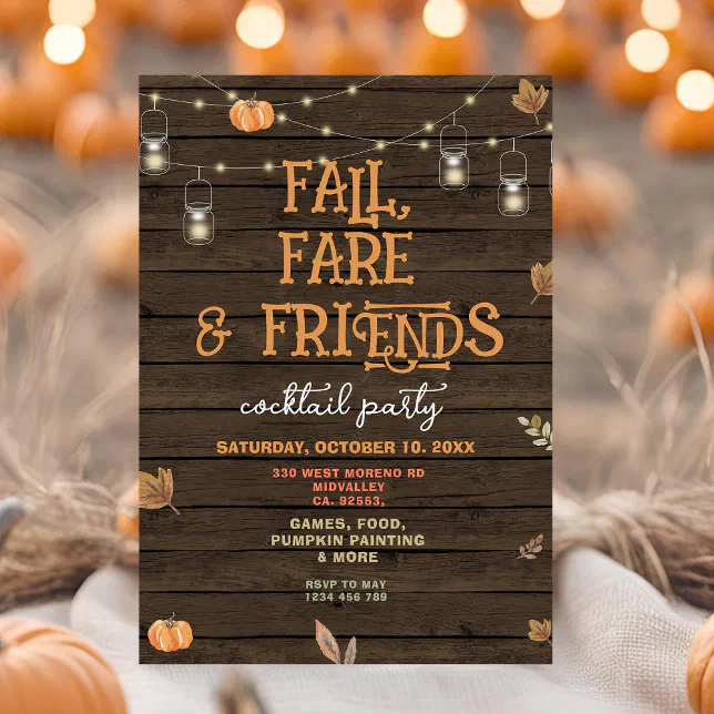 Fall, Fare & Friends Rustic Wood Cocktail Party Invitation | Zazzle
