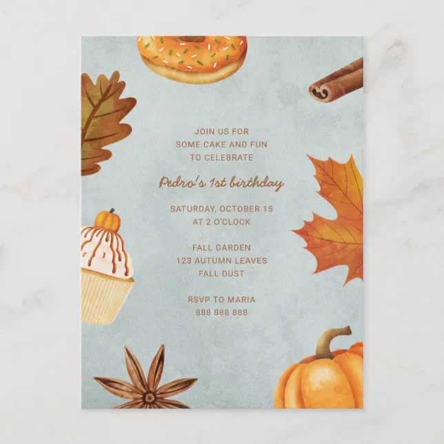 Fall First Birthday Party Boy Autumn Pumpkin One Invitation Postcard ...