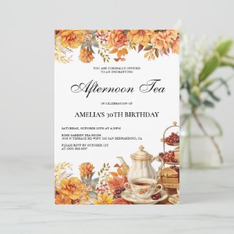 Fall Floral Afternoon Tea Birthday Party Invitation | Zazzle