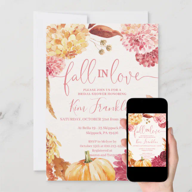 FALL Floral and Pink Check Fall in Love Shower Inv Invitation | Zazzle