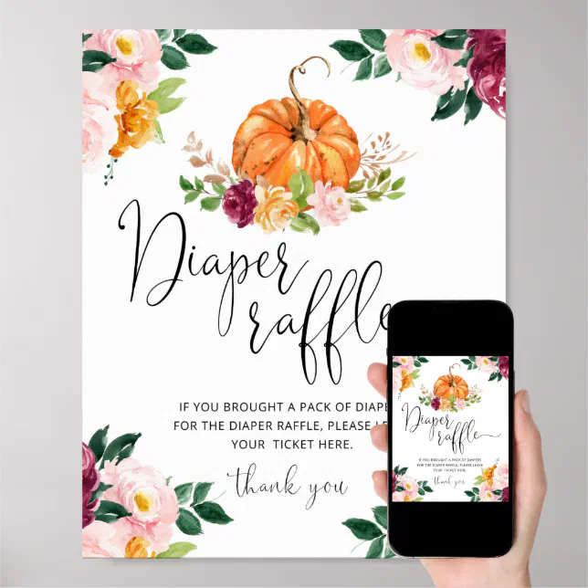 Fall floral autumn pumpkin diaper raffle sign | Zazzle