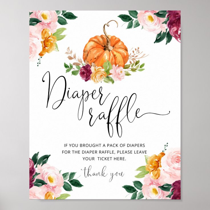Fall floral autumn pumpkin diaper raffle sign | Zazzle