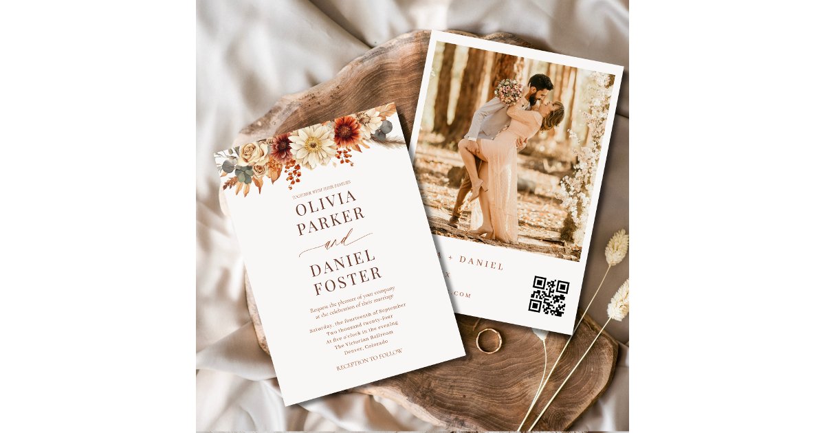 Fall Floral Autumn QR Code Photo Wedding Invitation | Zazzle