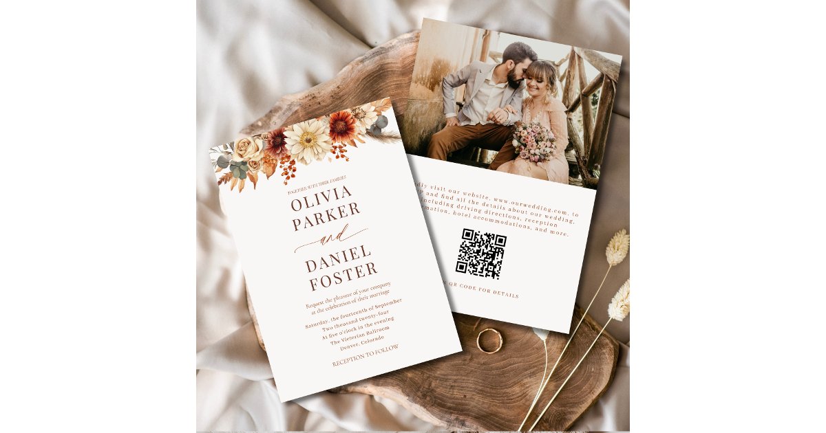 Fall Floral Autumn Wedding QR Code Photo Invitation | Zazzle