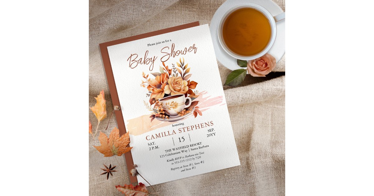 Fall Floral Cottage Core Teacup Baby Shower Invitation | Zazzle