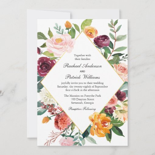 Fall Floral Diamond Frame Wedding Invitation | Zazzle