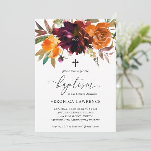 Fall Floral Orange Burgundy Rustic Girl Baptism In Invitation | Zazzle