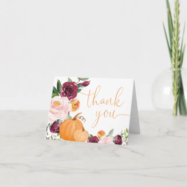 Fall floral pink burgundy little pumpkins thank you card | Zazzle