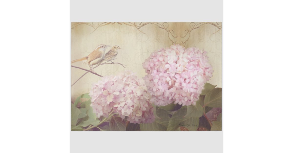 Fall Floral Pink Hydrangea Flowers Birds Decoupage Tissue Paper | Zazzle