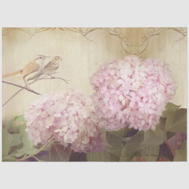 Fall Floral Pink Hydrangea Flowers Birds Decoupage Tissue Paper | Zazzle