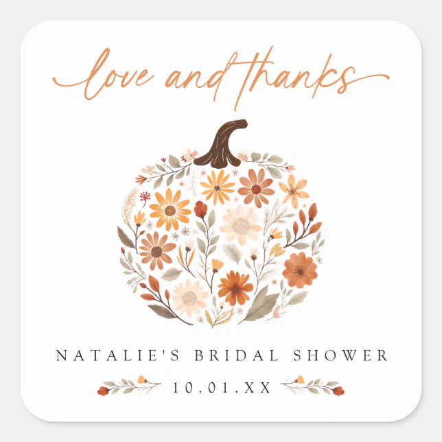 Fall Floral Pumpkin Bridal Shower Thank You Square Sticker | Zazzle
