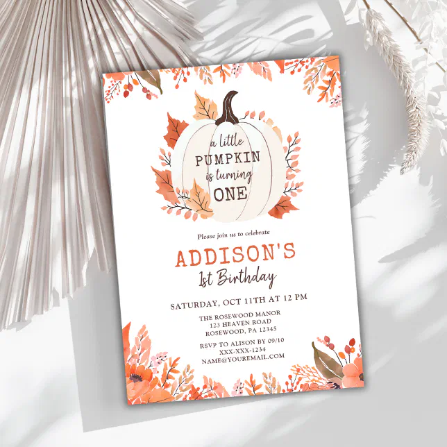 Fall Floral Pumpkin First Birthday Invitation | Zazzle