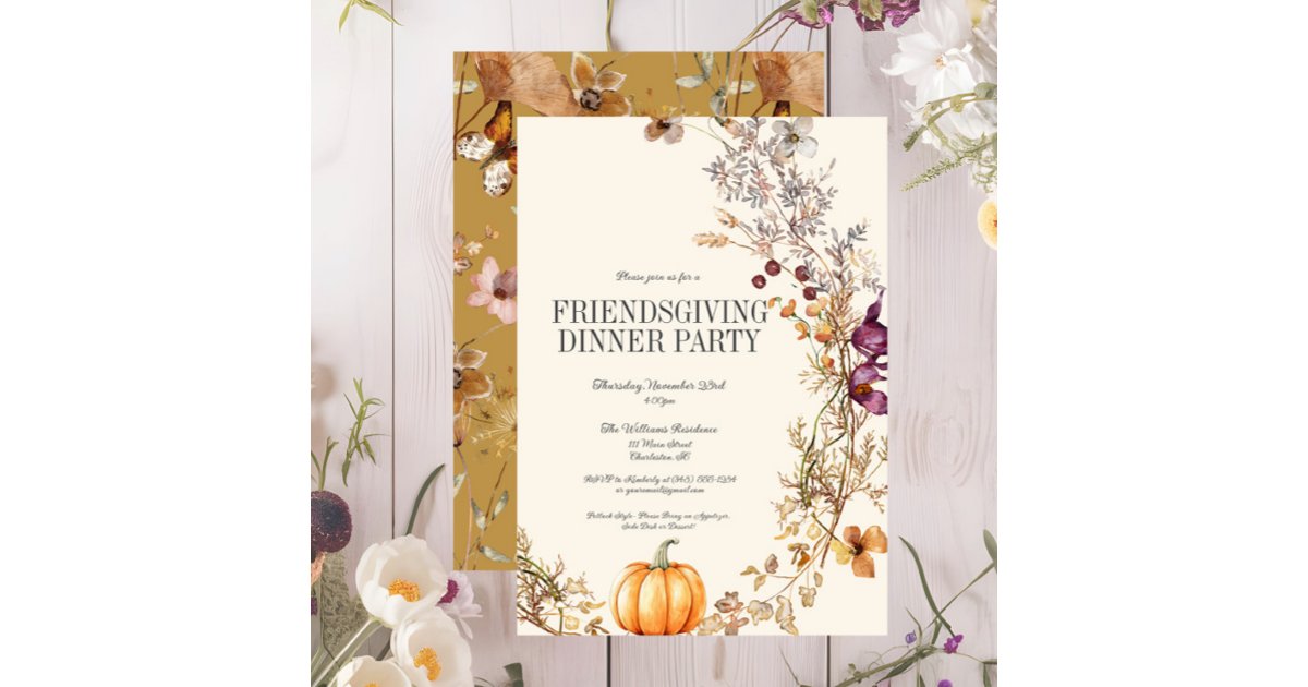 Fall Floral Pumpkin Friendsgiving Dinner Party Invitation | Zazzle