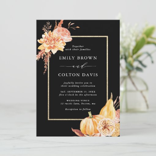 Fall Floral Pumpkin Rustic Wedding Black Invitation | Zazzle