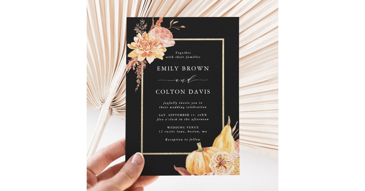 Fall Floral Pumpkin Rustic Wedding Black Invitation | Zazzle