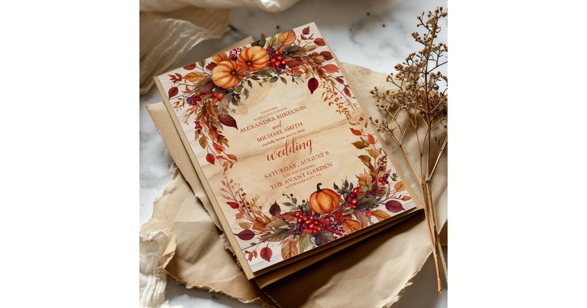 Fall Floral Pumpkin Rustic Wedding Invitation | Zazzle