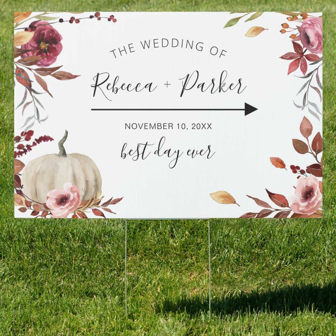 Fall Floral Pumpkin Wedding directional sign | Zazzle