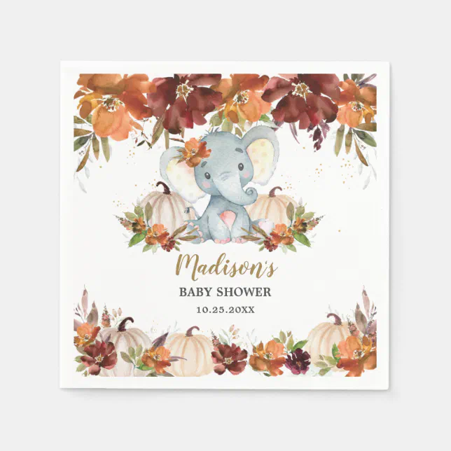 Fall Floral Pumpkins Cute Elephant Baby Shower Napkins | Zazzle
