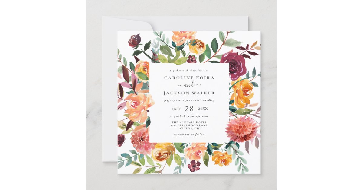Fall Floral Square Wedding Invitation | Zazzle