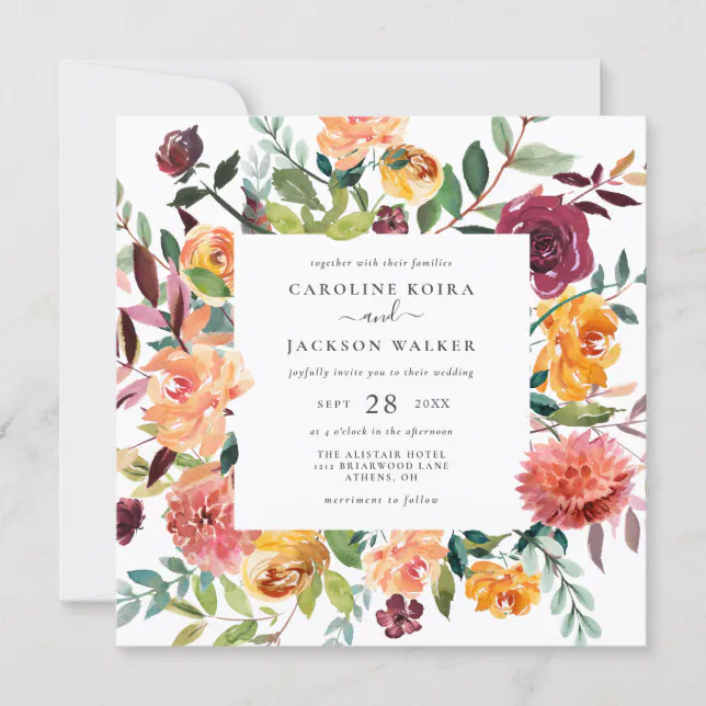 Fall Floral Square Wedding Invitation | Zazzle