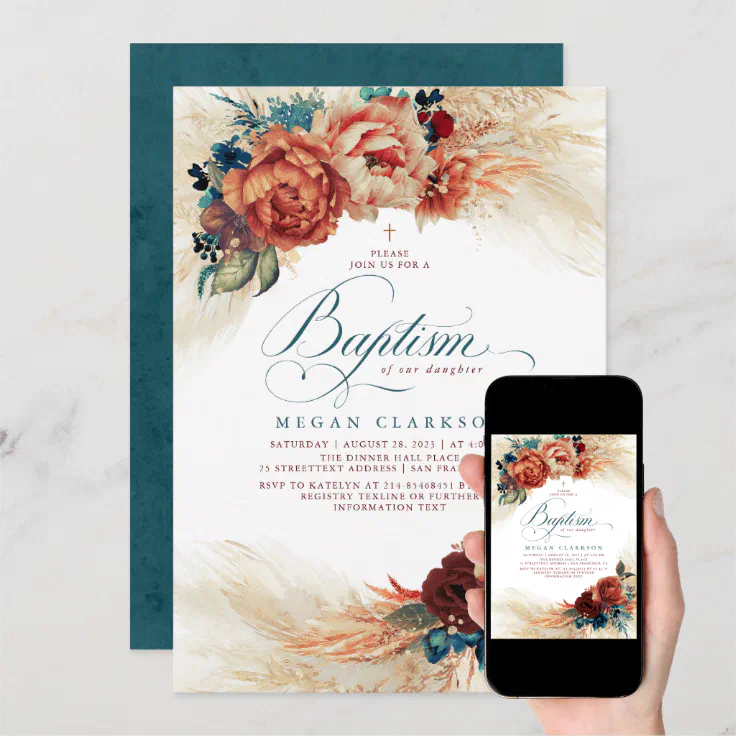 Fall Floral Teal Blue and Terracotta Fall Baptism Invitation | Zazzle
