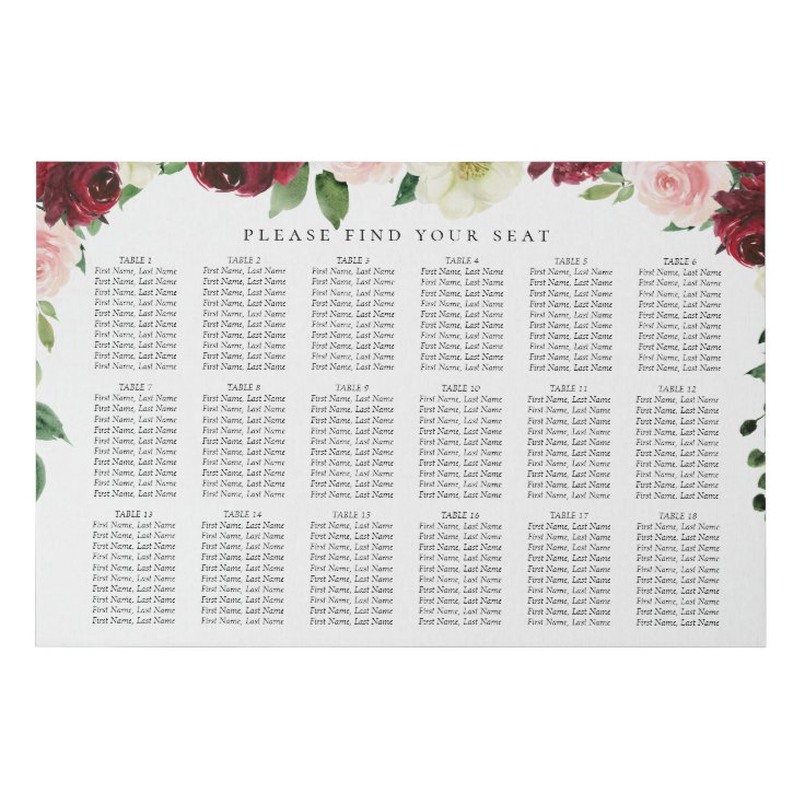 Fall Floral Wedding 18 Table Seating Chart Faux Canvas Print | Zazzle
