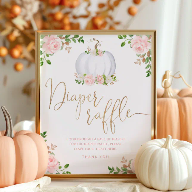 Fall floral white gold pumpkin diaper raffle sign | Zazzle